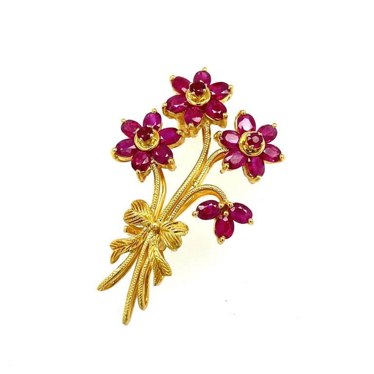 Vintage Flowers Brooch, 22k Yellow Gold, 2 Carat Natural Ruby Estate ...