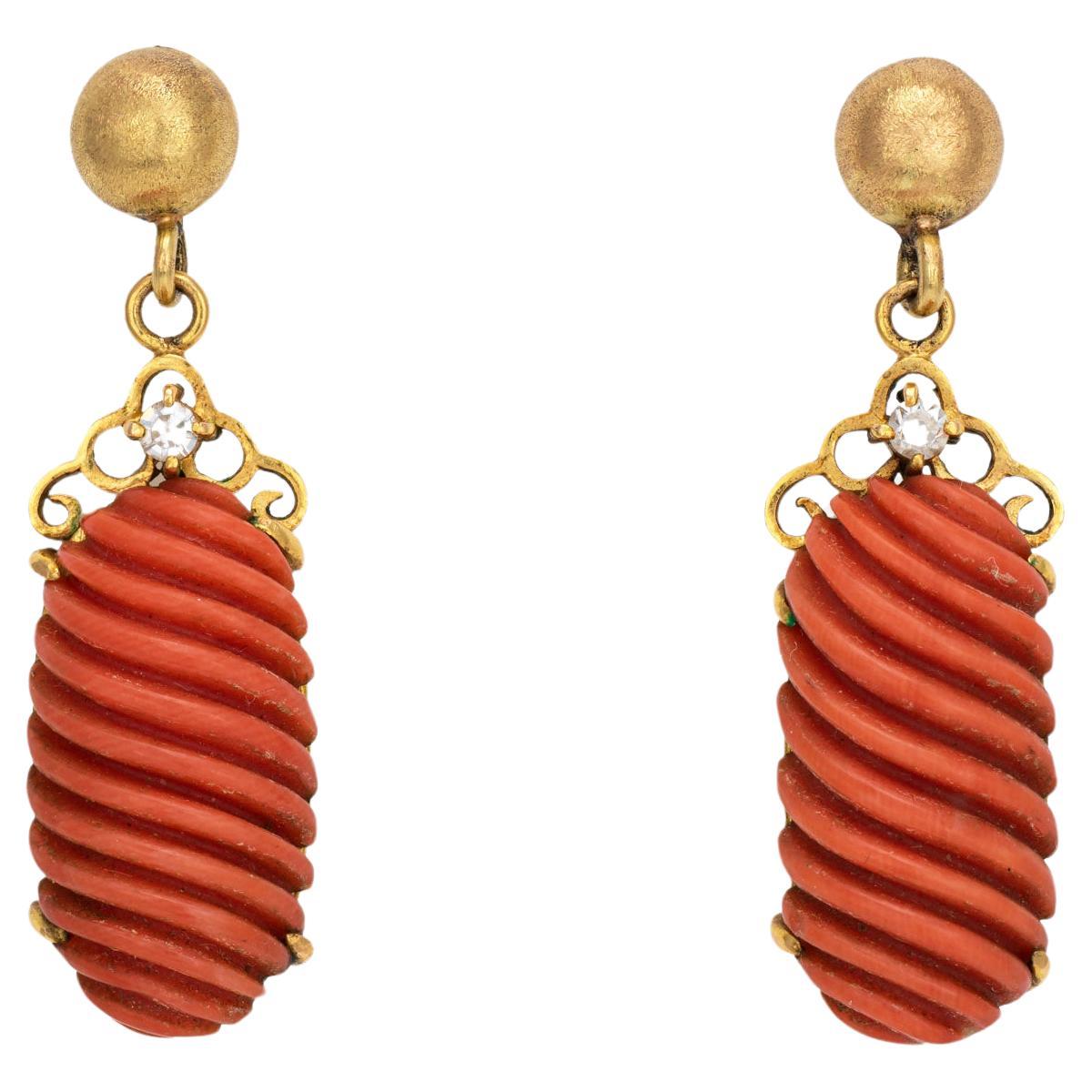 Vintage Fluted Coral Earrings Diamond 18k Yellow Gold 1.25" Drops Fine ...