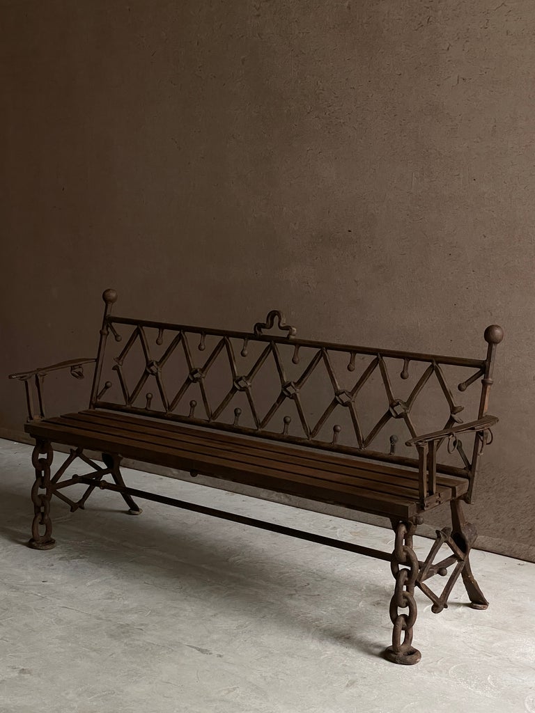 Vintage Folk Art Brutalist Iron Bench, Marine Chain and Pick Axe For ...