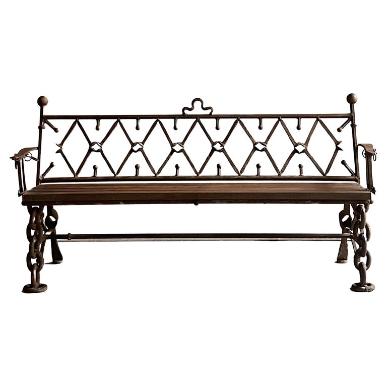 Vintage Folk Art Brutalist Iron Bench, Marine Chain and Pick Axe For ...