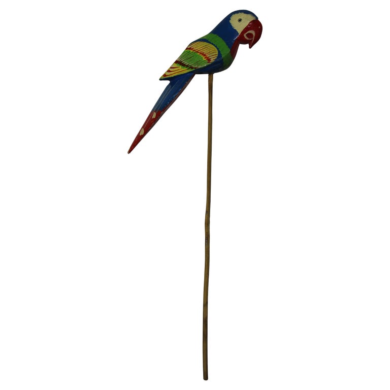 Vintage Folk Art Carved Wood Parrot on Stick Tropical Bird Figurine ...