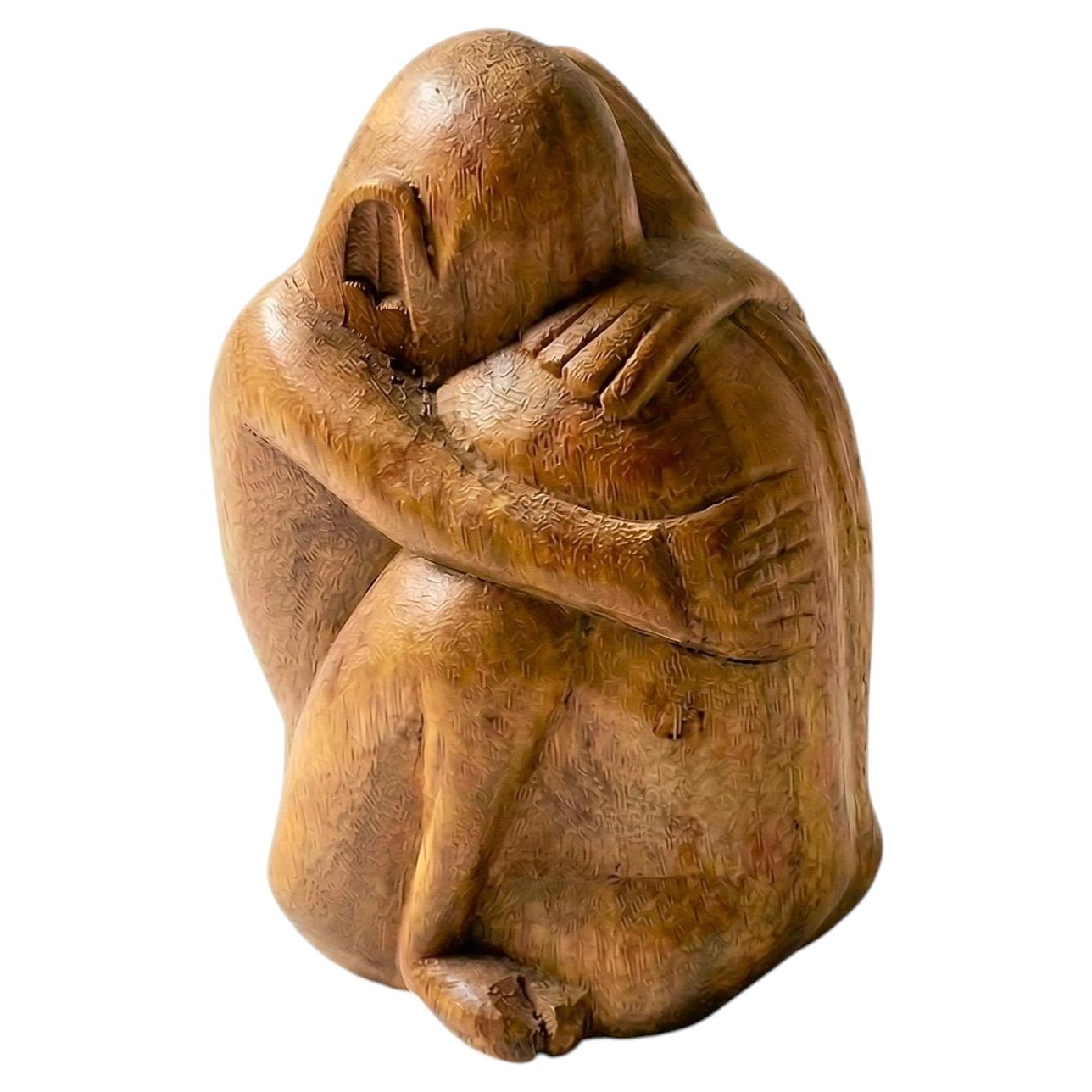 Vintage Folk Art Embracing Couple Carved Wood Sculpture For Sale at 1stDibs
