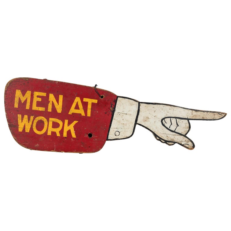 Vintage Folk Art Men at Work Sign Wood Trade Sign at 1stDibs