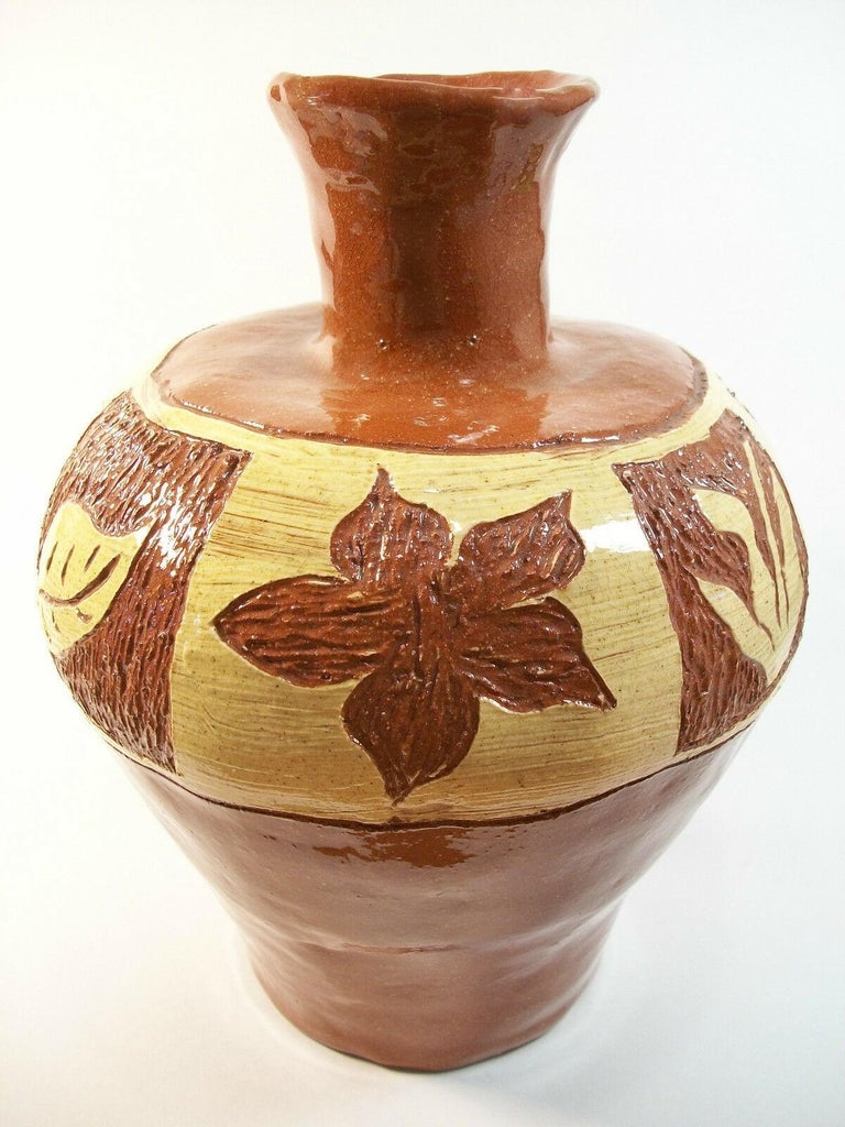 Vintage Folk Art Terracotta Sgraffito and Slipware Vase, Unsigned, 20th ...