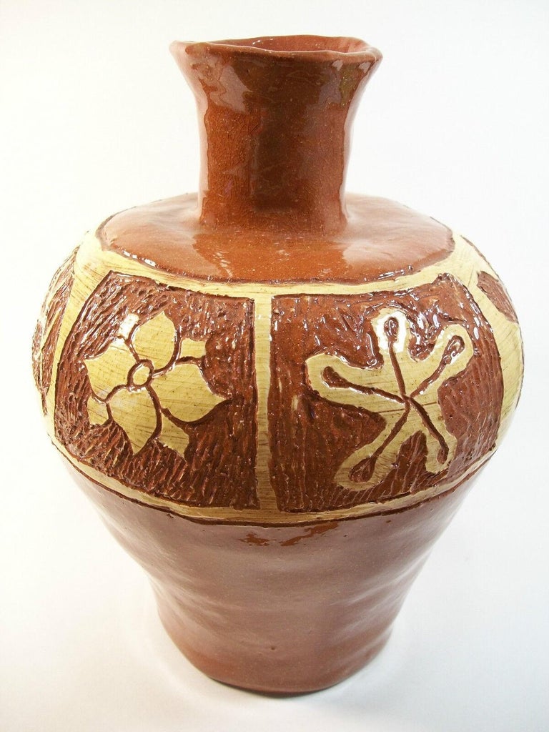 Vintage Folk Art Terracotta Sgraffito and Slipware Vase, Unsigned, 20th ...