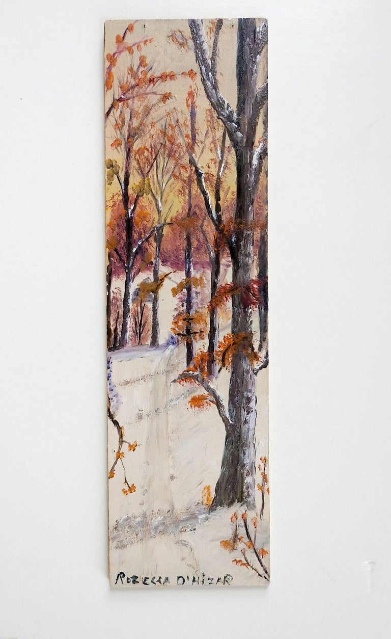 Vintage Folk Art Winter Snow Landscape Long Format Painting For Sale at ...