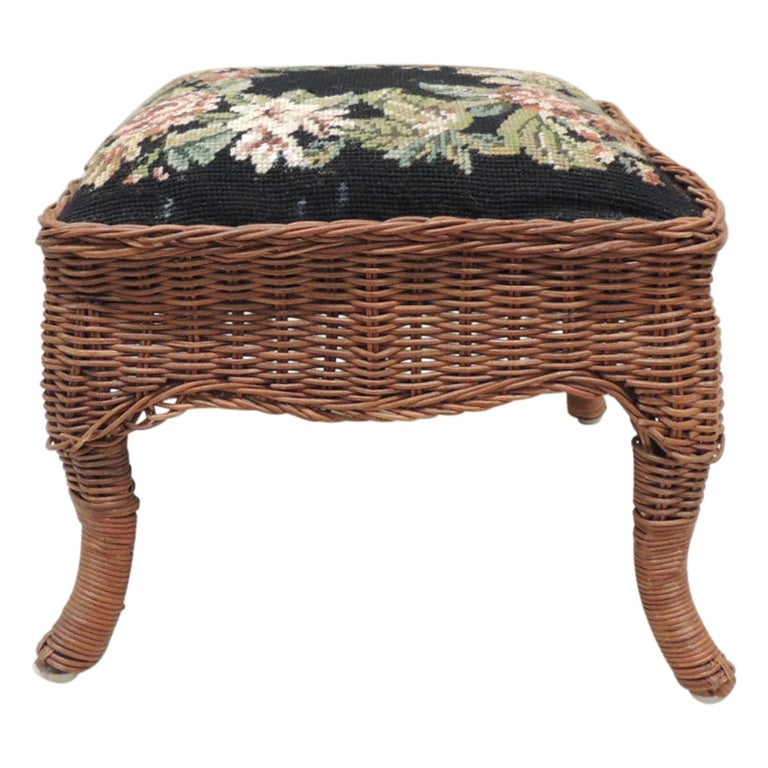 Vintage Footstool with Antique Style Needlepoint Tapestry at 1stDibs