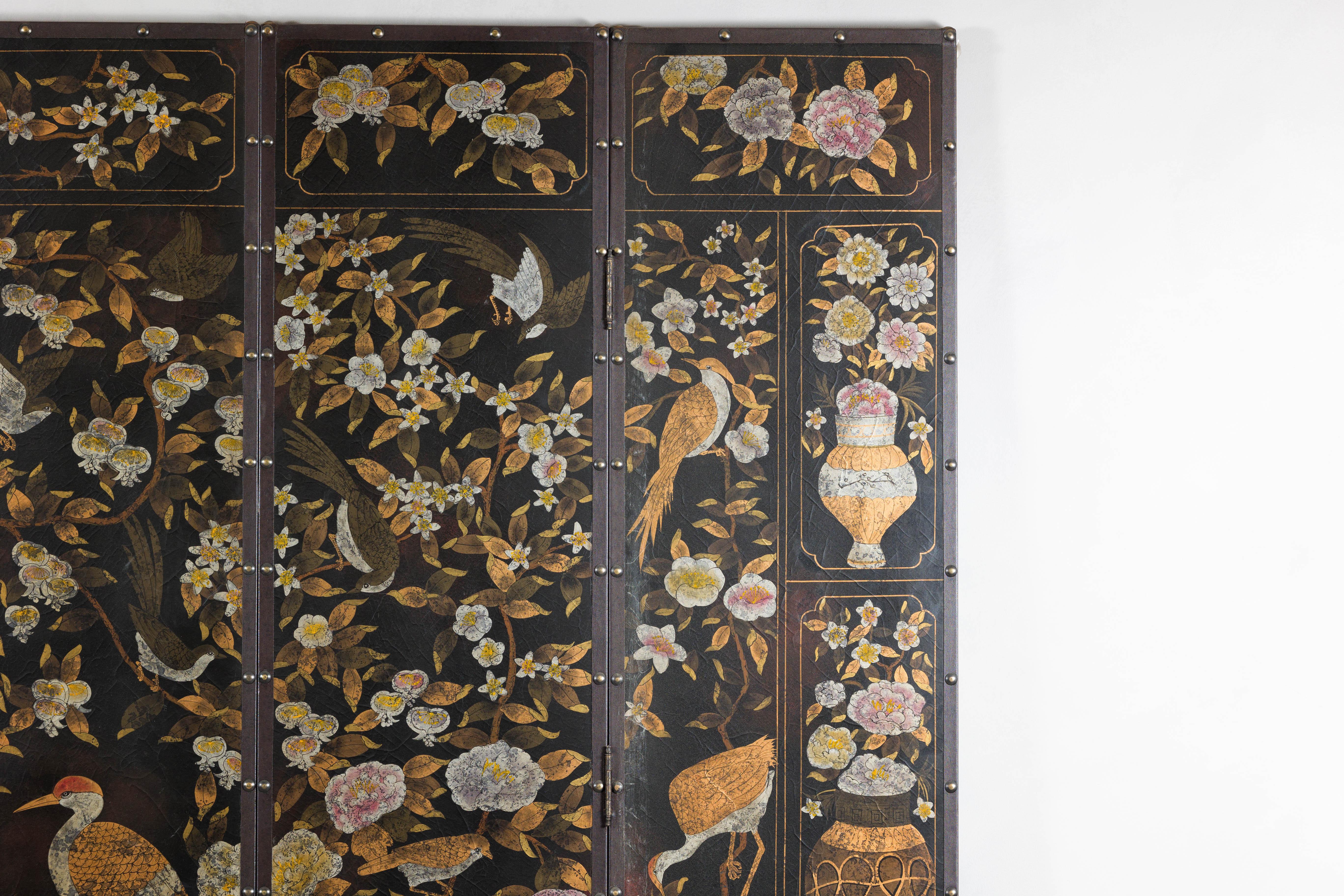 Vintage Four-Panel Black and Gold Folding Screen with Birds and Floral ...