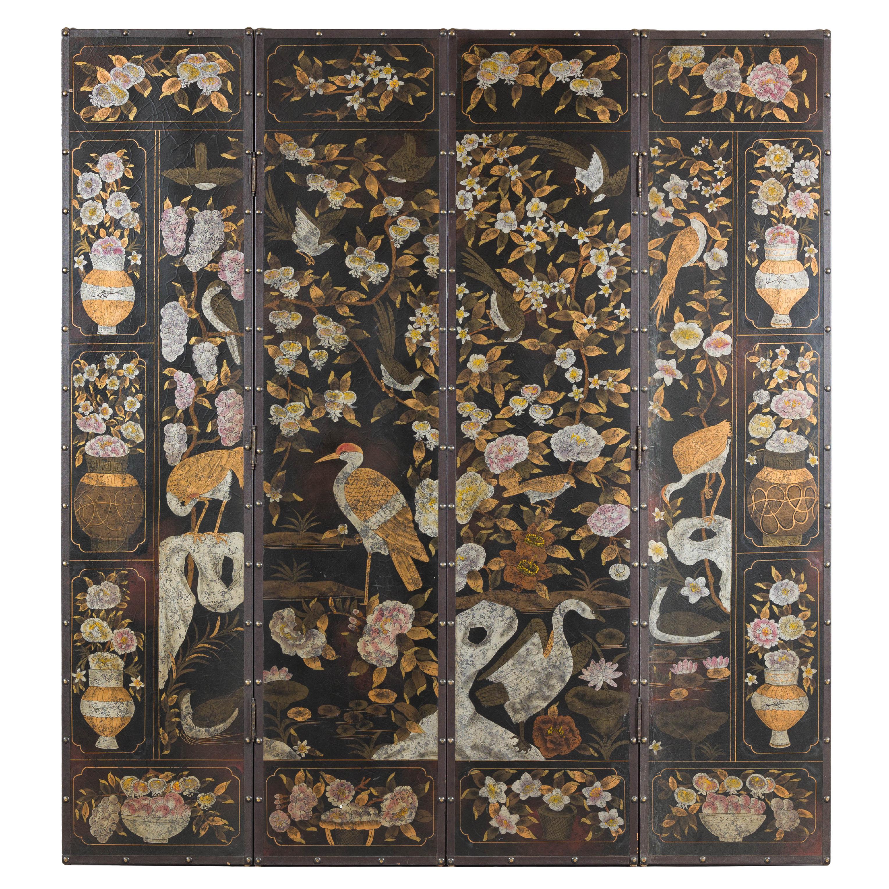 Vintage Four-Panel Black and Gold Folding Screen with Birds and Floral ...