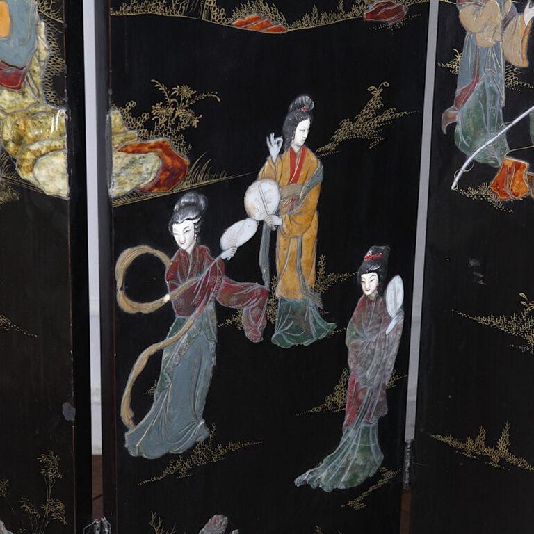 Vintage Four Panel Lacquer and Carved Hardstone Screen For Sale at 1stDibs