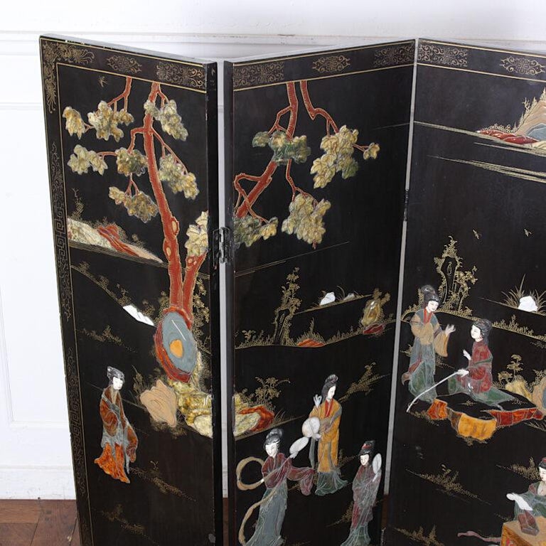 Vintage Four Panel Lacquer and Carved Hardstone Screen For Sale at 1stDibs