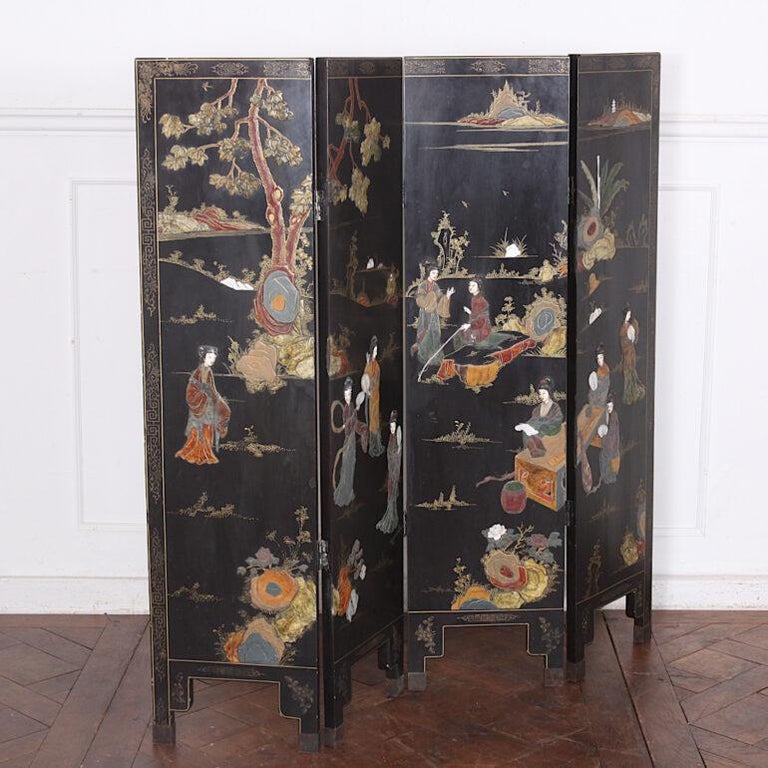 Vintage Four Panel Lacquer and Carved Hardstone Screen For Sale at 1stDibs