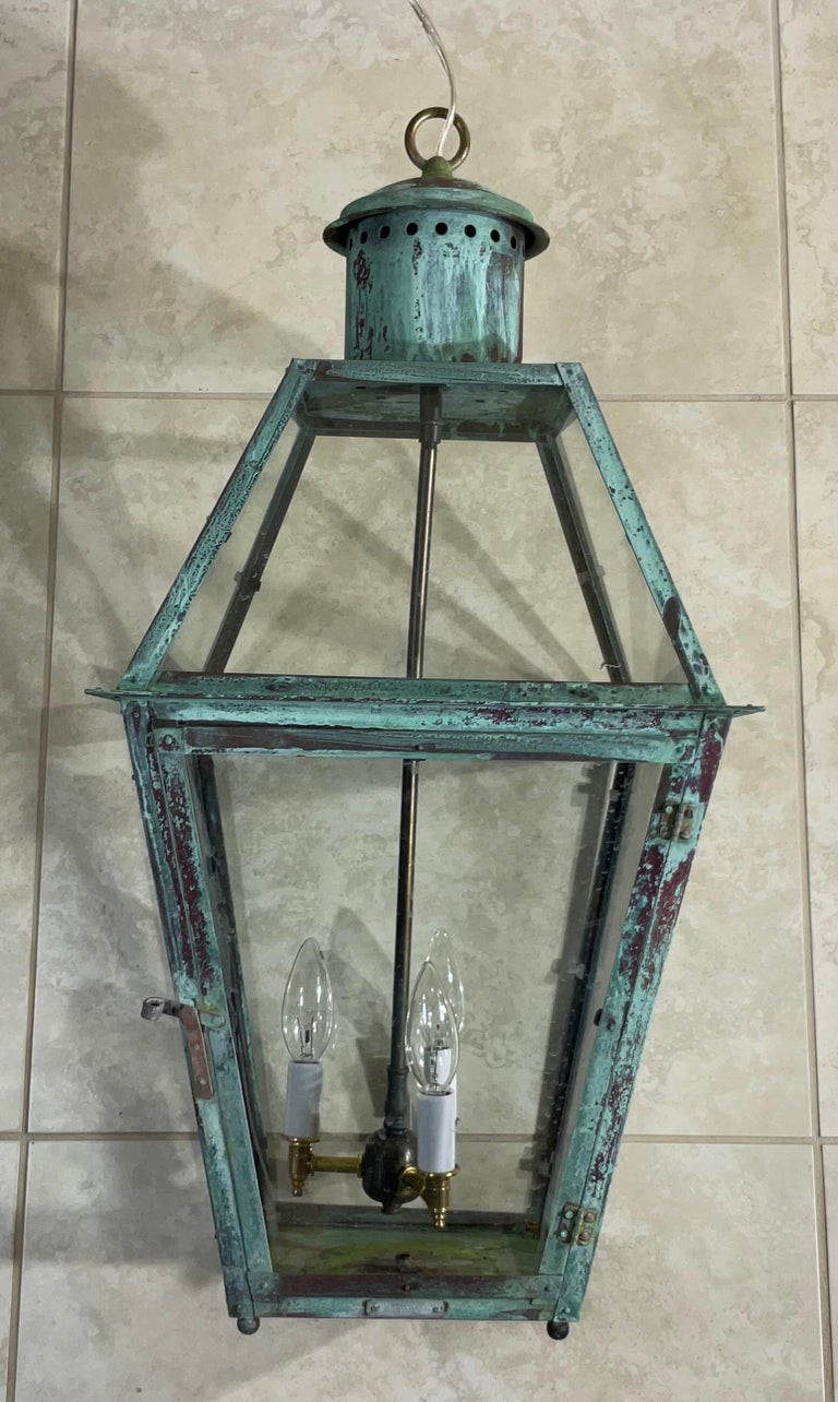 Vintage Four-Sides Hanging Copper Lantern For Sale at 1stDibs