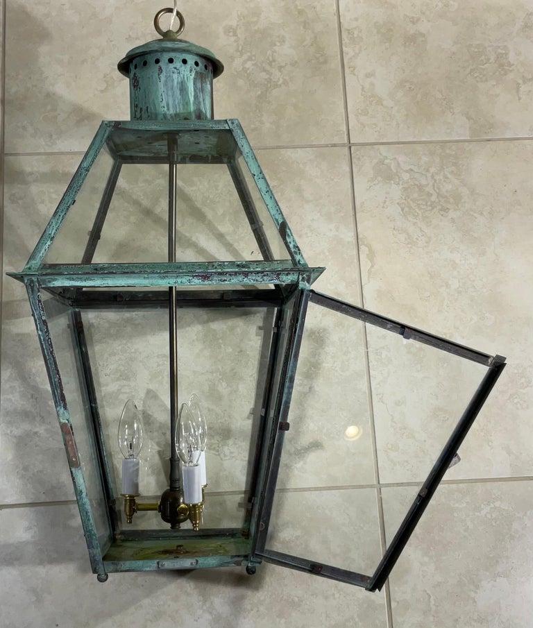 Vintage Four-Sides Hanging Copper Lantern For Sale at 1stDibs