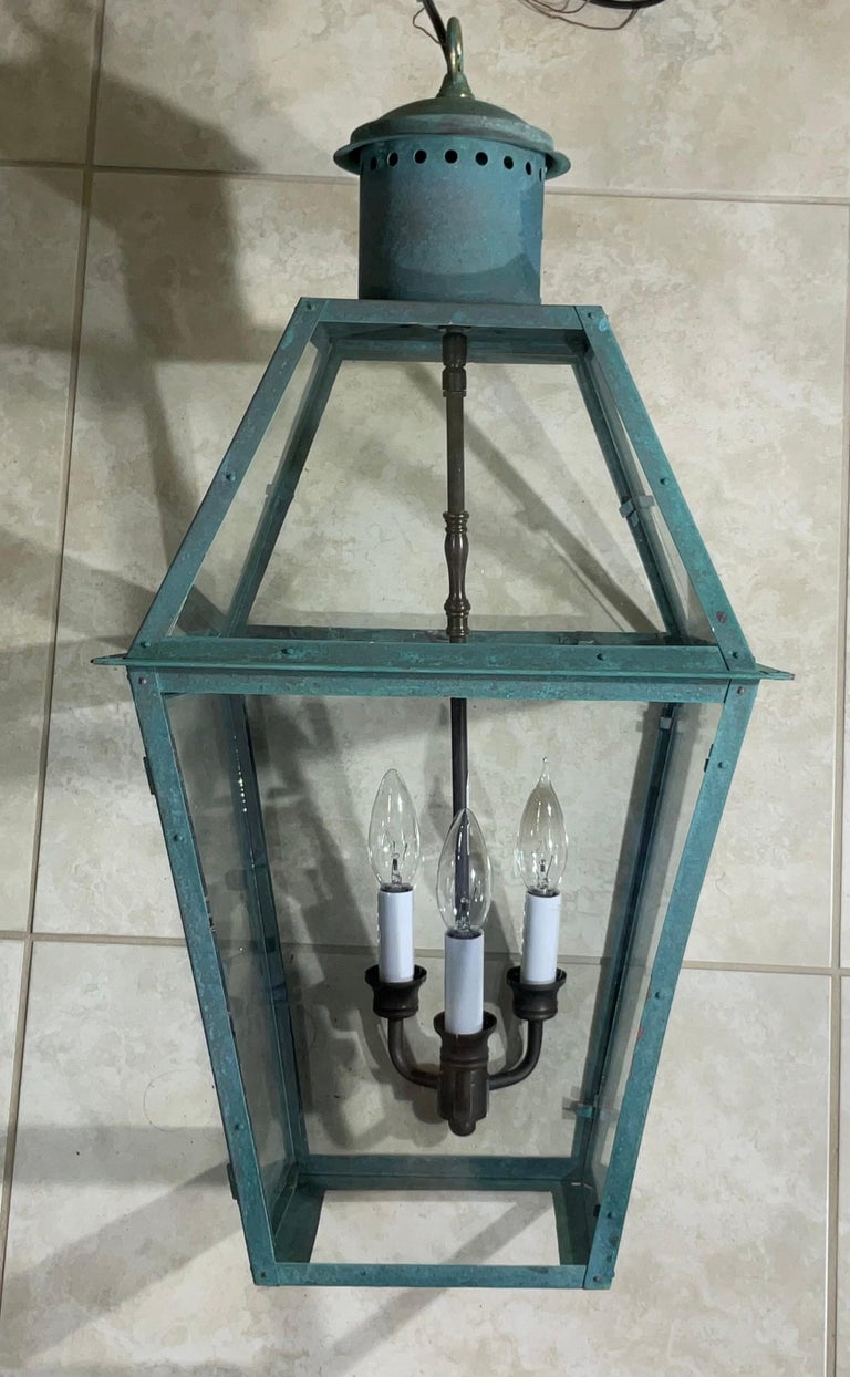 Vintage Four-Sides Hanging Copper Lantern For Sale at 1stDibs