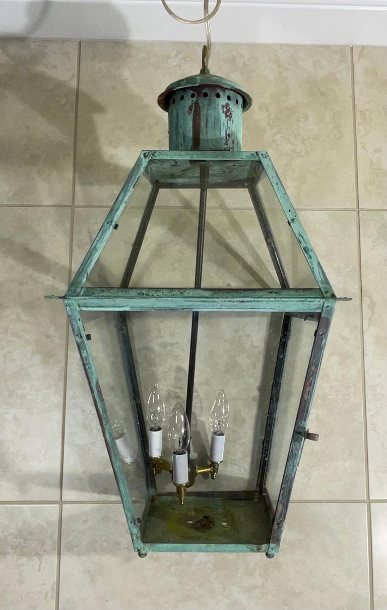 Vintage Four-Sides Hanging Copper Lantern For Sale at 1stDibs