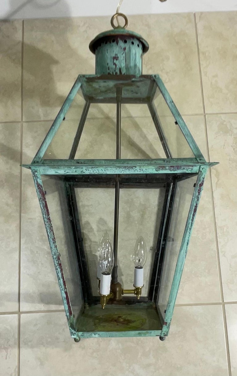 Vintage Four-Sides Hanging Copper Lantern For Sale at 1stDibs