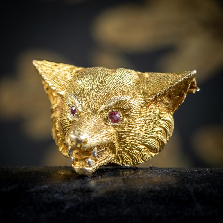 Vintage Fox Brooch 9ct Gold Ruby Eyes Alasbaster and Wilson For Sale at ...