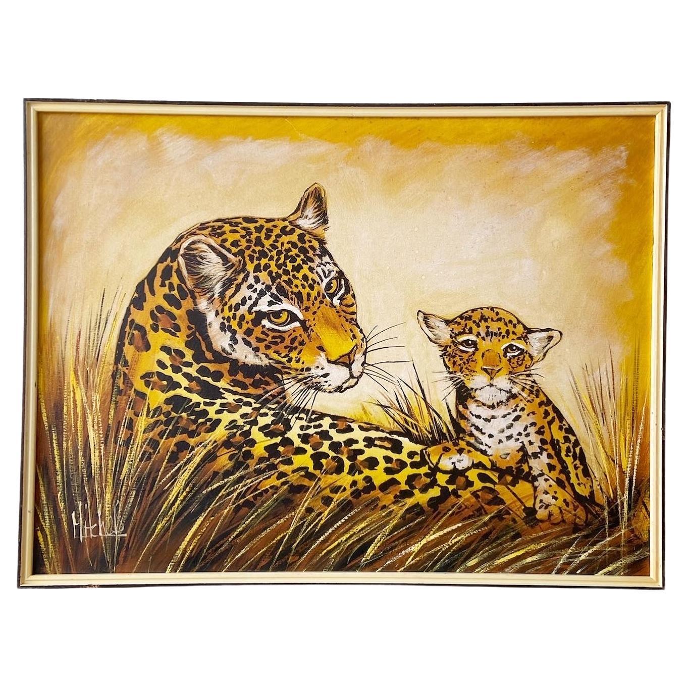 Vintage Framed and Singed Oil Painted of Cheetahs For Sale at 1stDibs