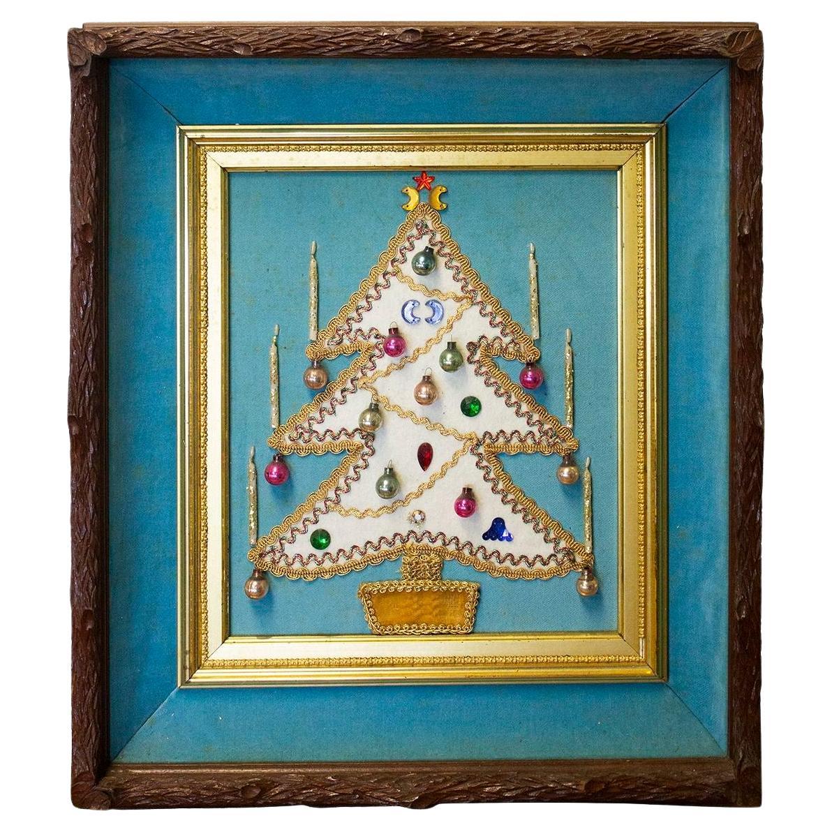 Vintage Framed Christmas Tree on Turquoise Velvet - Folk Art Style For ...