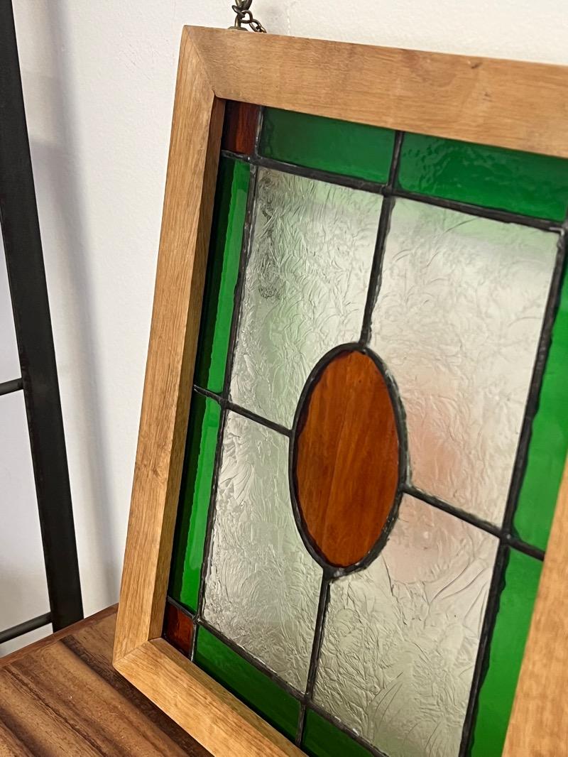 Vintage Framed Green and Orange Stained Glass For Sale at 1stDibs