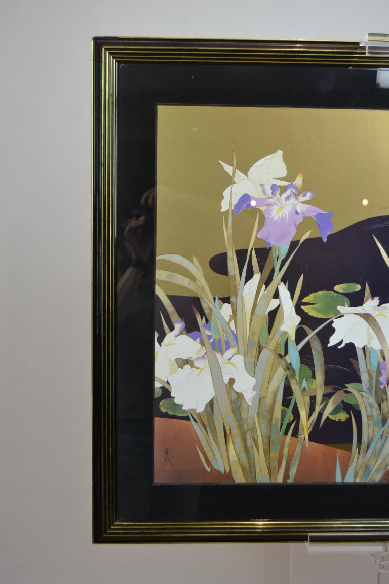 Vintage Framed Japanese Style Fine Art Print With Bird Cane And