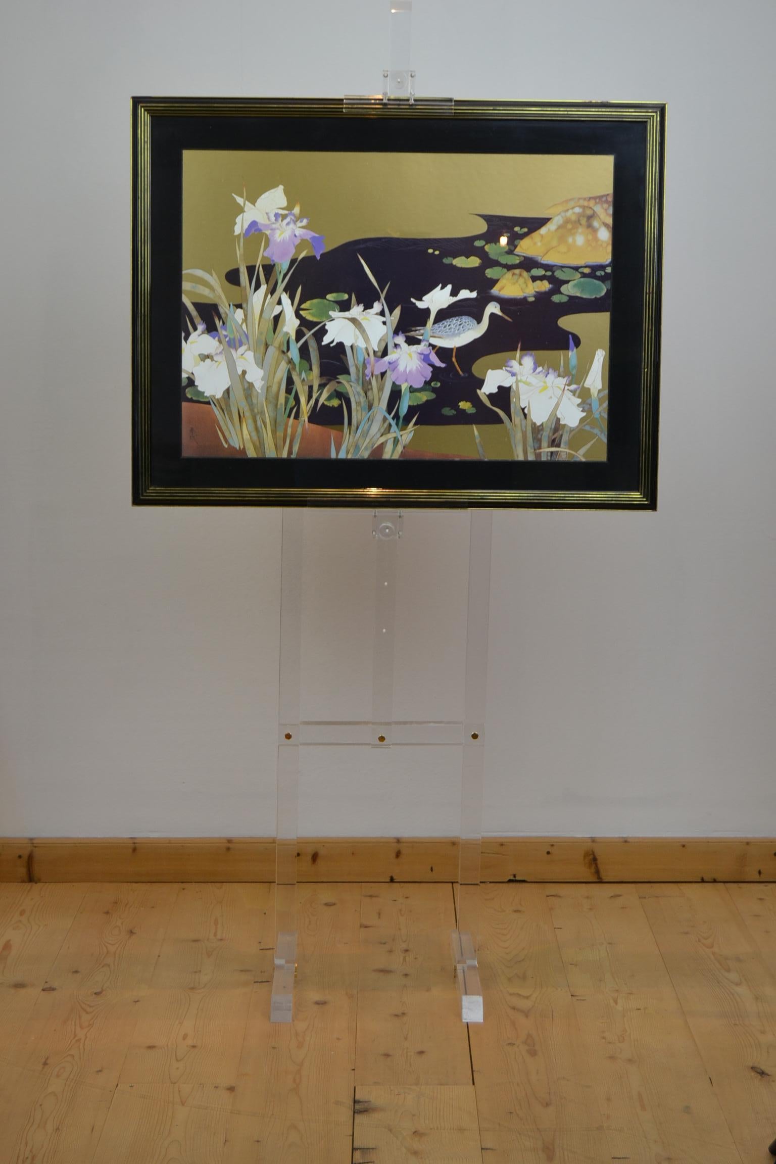 Vintage Framed Art Print with Bird, Cane and Flowers For Sale at 1stDibs