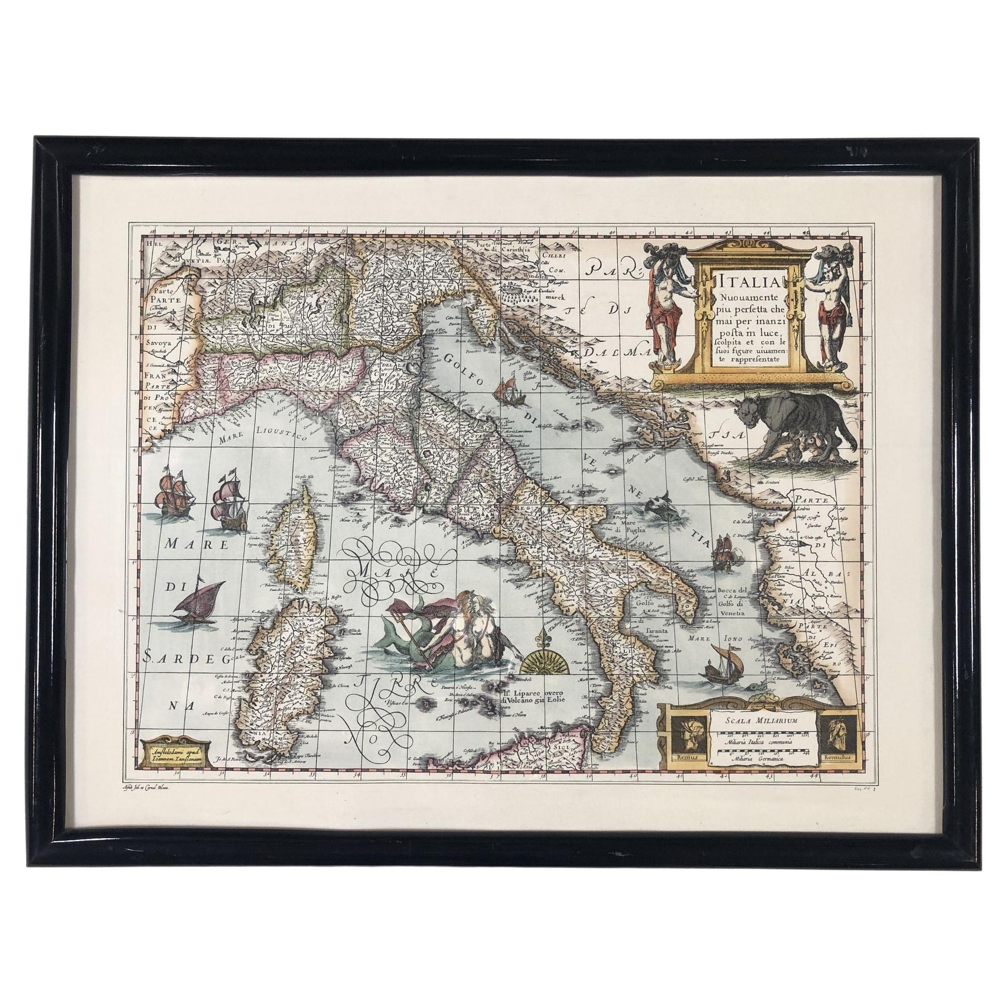 Vintage Framed Print of Italian Map of Italy by Hondius H at 1stDibs