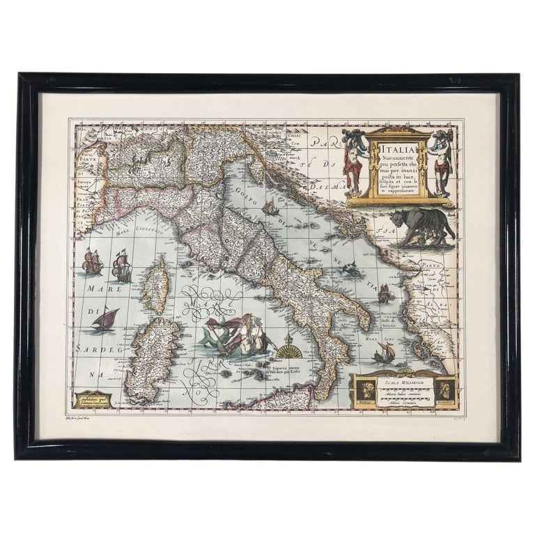 Vintage Framed Print of Italian Map of Italy by Hondius H at 1stDibs
