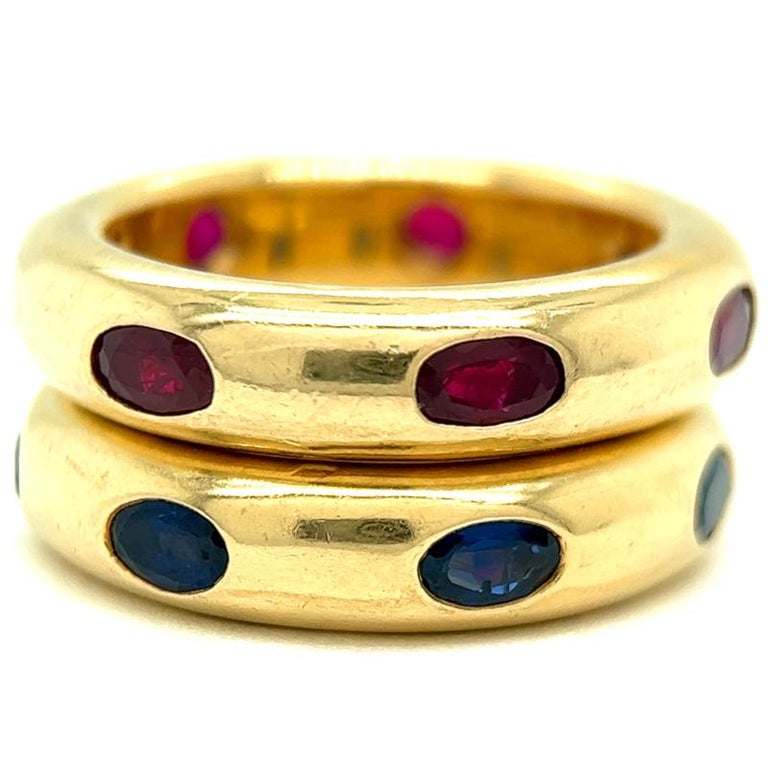 Vintage Fred Paris Sapphire Ruby 18 Karat Yellow Gold Band Ring Set at ...