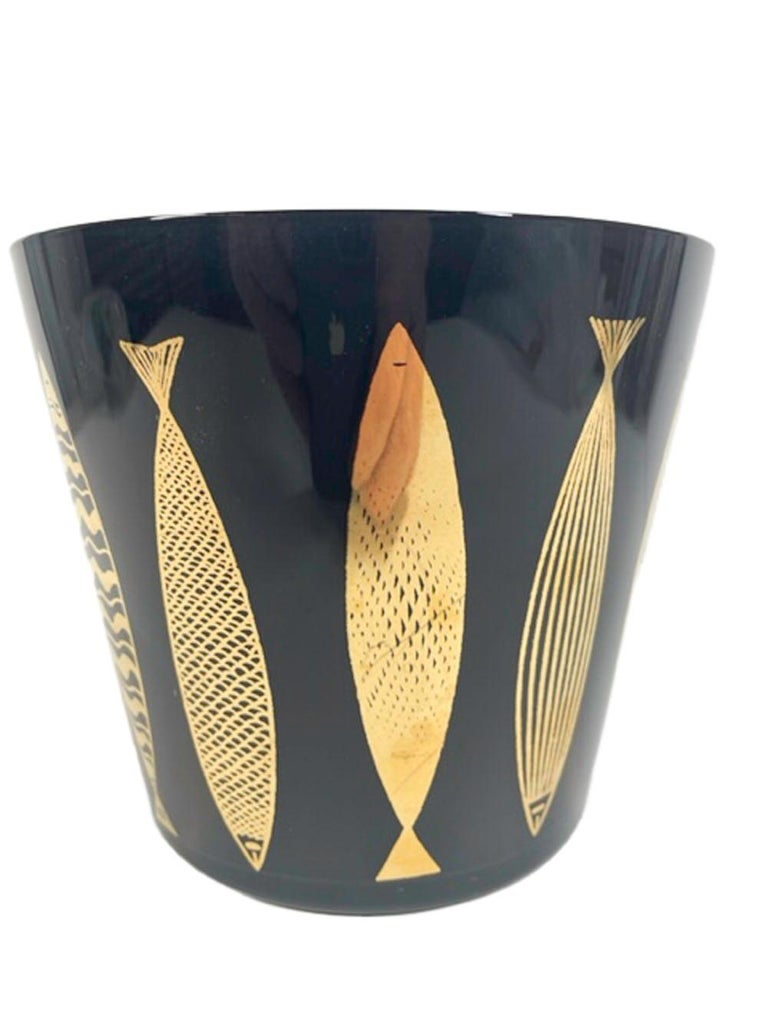 Vintage Fred Press Ice Bowl with 22k Gold Stylized Fish on Black ...