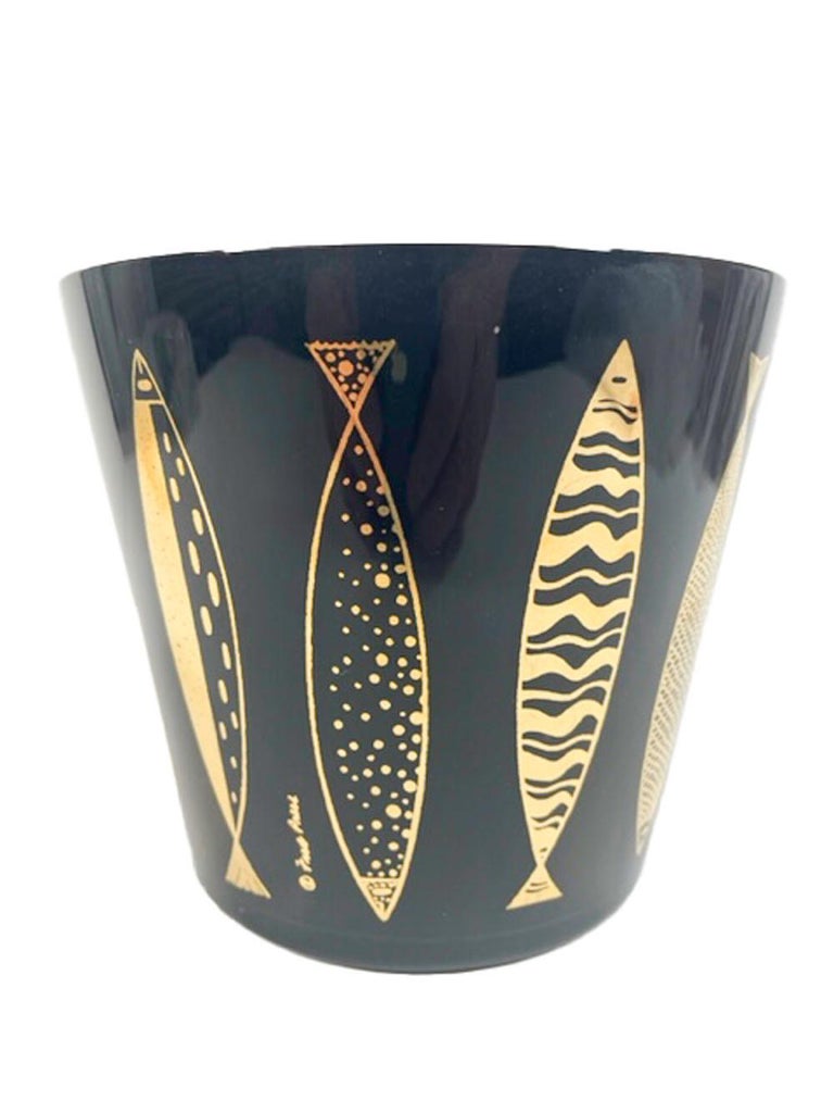 Vintage Fred Press Ice Bowl with 22k Gold Stylized Fish on Black ...