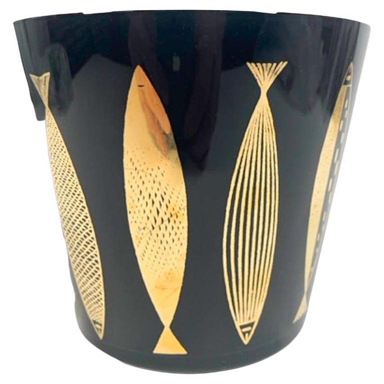 Vintage Fred Press Ice Bowl with 22k Gold Stylized Fish on Black ...