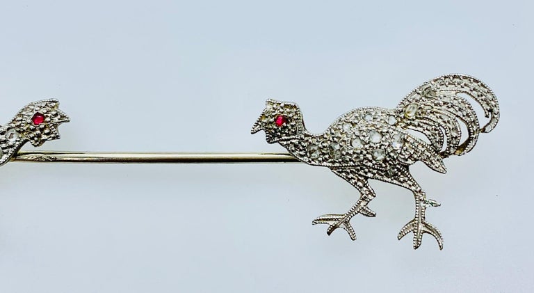 Vintage French 18 Karat White Gold Diamond and Ruby Rooster Jabot Pin ...