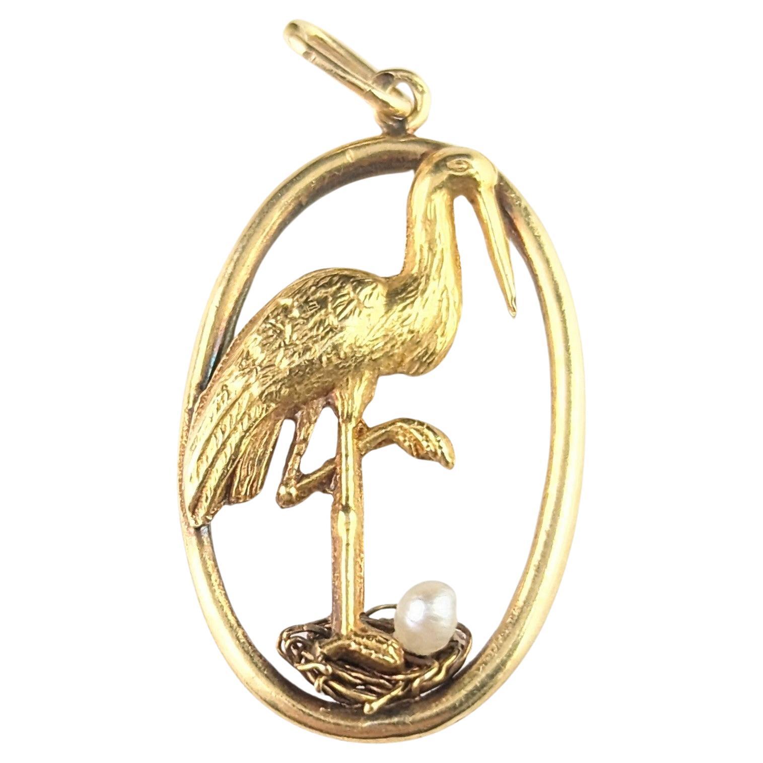 Vintage French 18kt gold Stork pendant, Pearl For Sale at 1stDibs