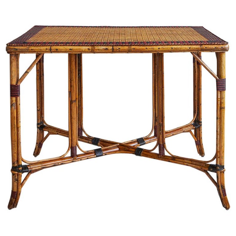 Vintage French 1930s Rattan Table with Red Woven Details at 1stDibs