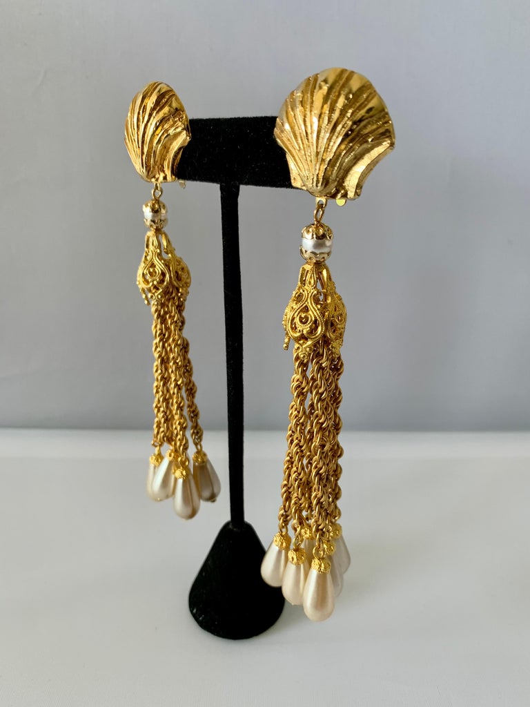Vintage French 1980s Gold Seashell Tassel Statement Earrings For Sale ...
