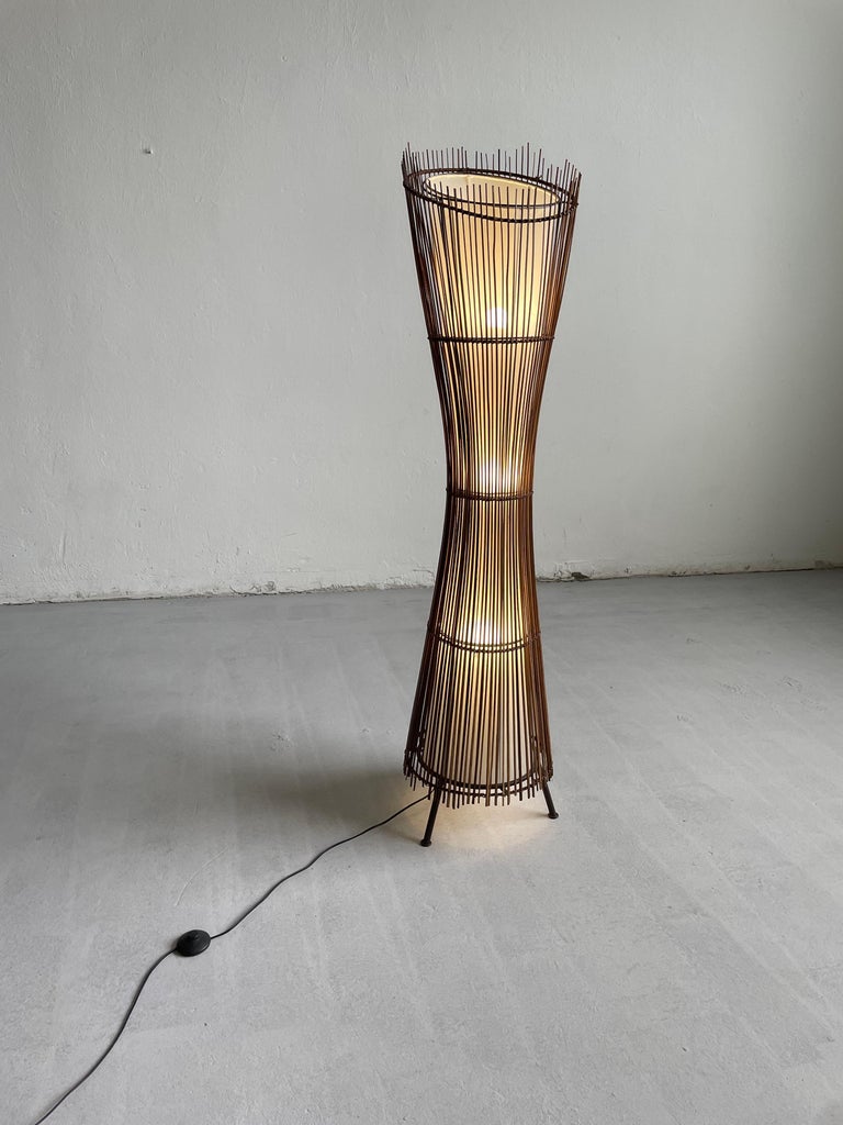 Vintage French 1980s Sculptural Floor Lamp Kobe; Bamboo, Metal and ...