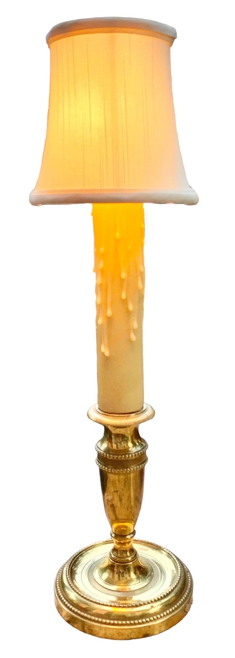 Vintage French Brass Candlestick Lamp With Cream Silk Shade For Sale at ...