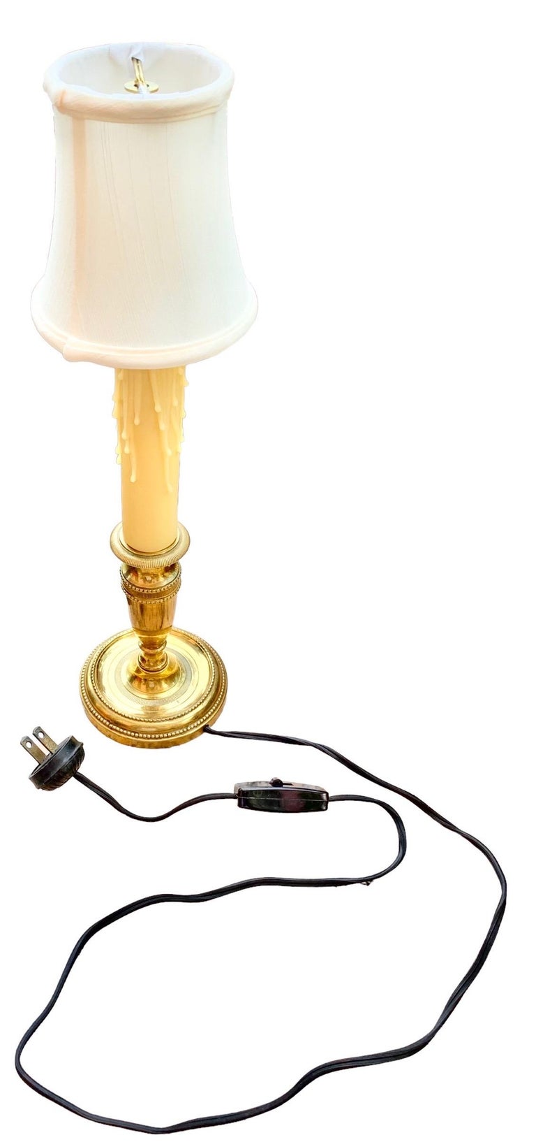 Vintage French Brass Candlestick Lamp With Cream Silk Shade For Sale at ...