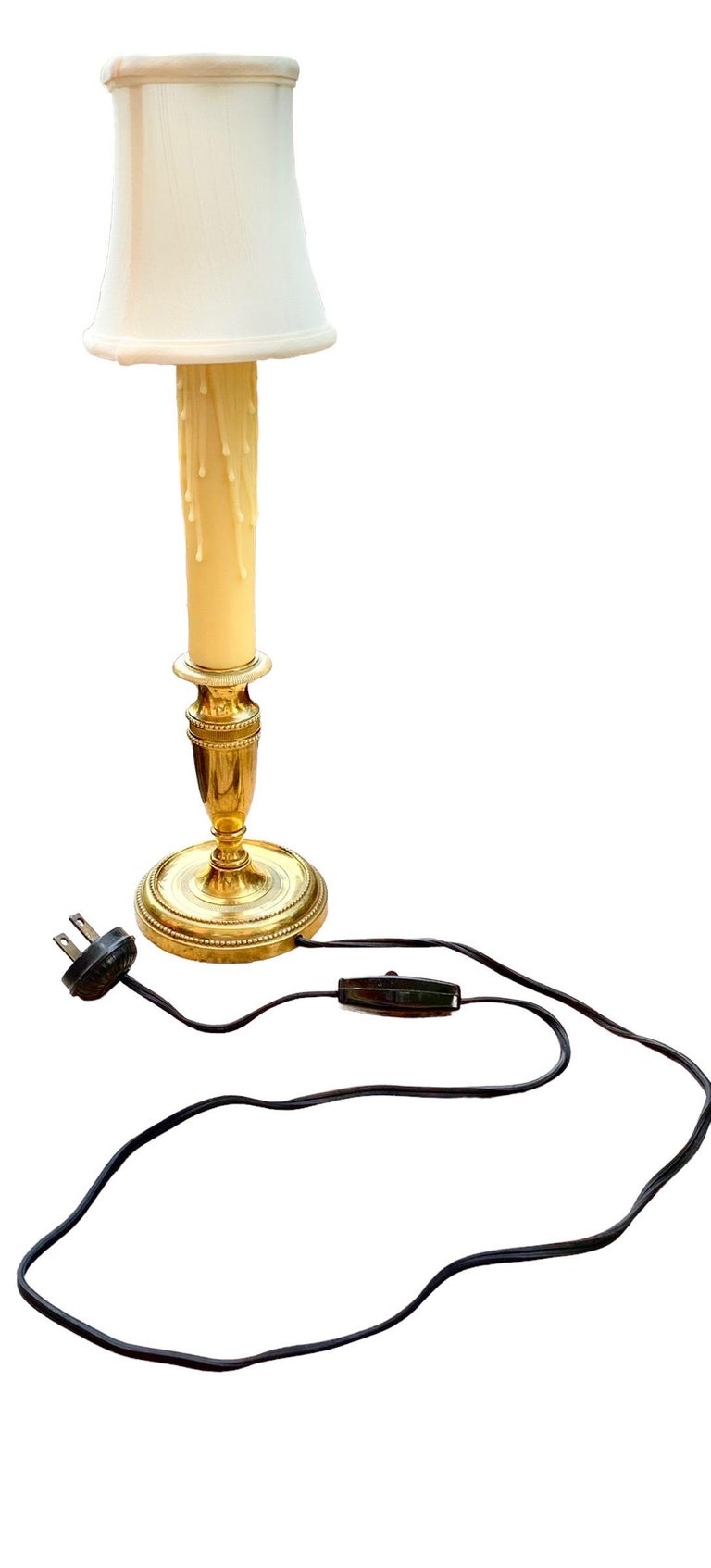 Vintage French Brass Candlestick Lamp With Cream Silk Shade For Sale at ...