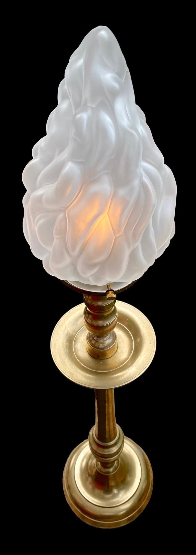 Vintage French Brass Candlestick Lamp with Frosted Flame Shade For Sale ...