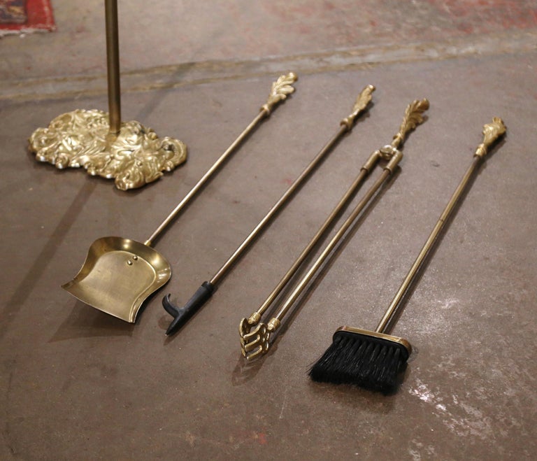 Vintage French Brass Five-Piece Fireplace Tool Set with Acanthus Leaf ...