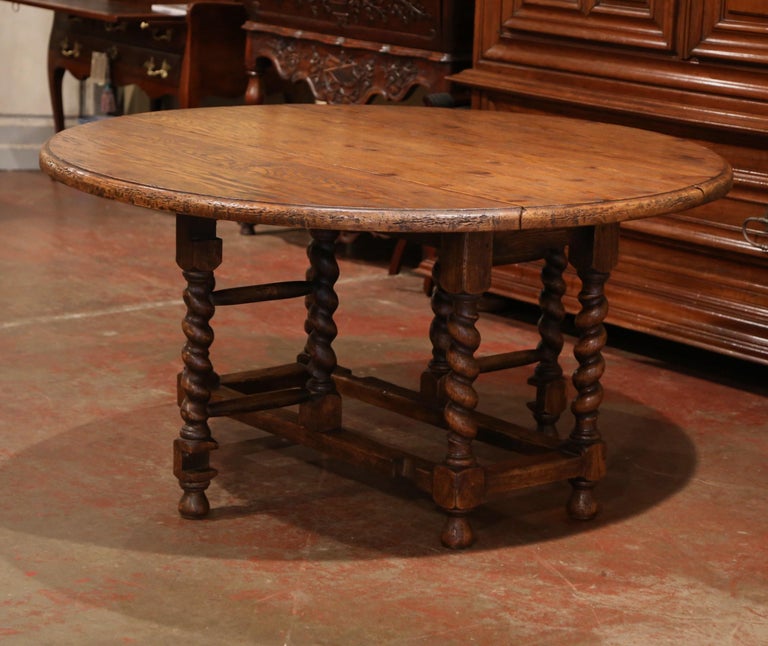 Vintage French Carved Oak Barley Twist Gate Leg Drop Leaf Round Table ...