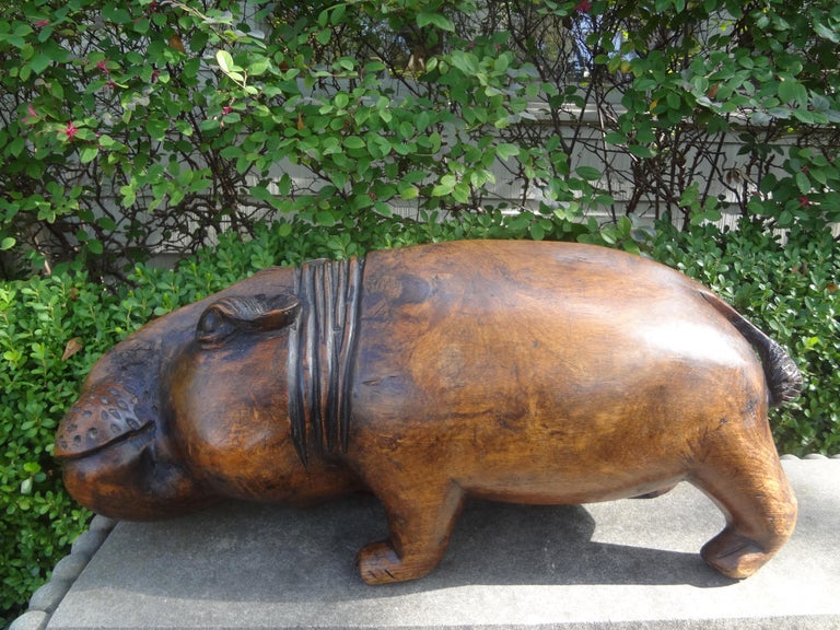 Vintage French Carved Wood Hippo Sculpture For Sale at 1stDibs