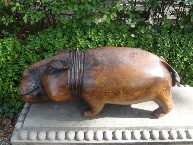 Vintage French Carved Wood Hippo Sculpture For Sale at 1stDibs