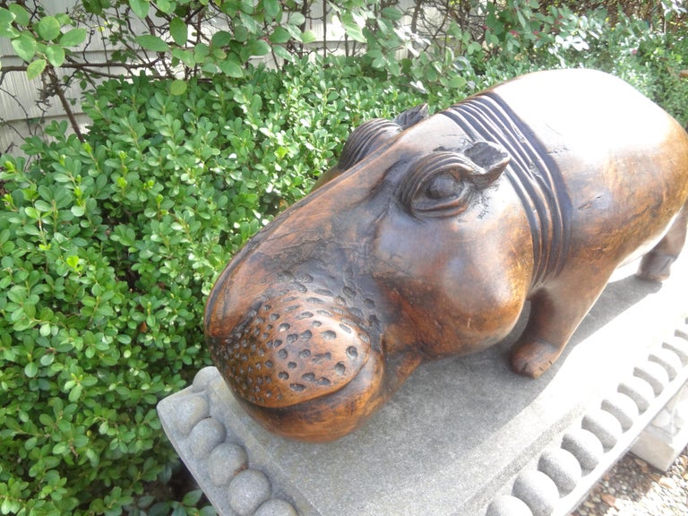 Vintage French Carved Wood Hippo Sculpture For Sale at 1stDibs