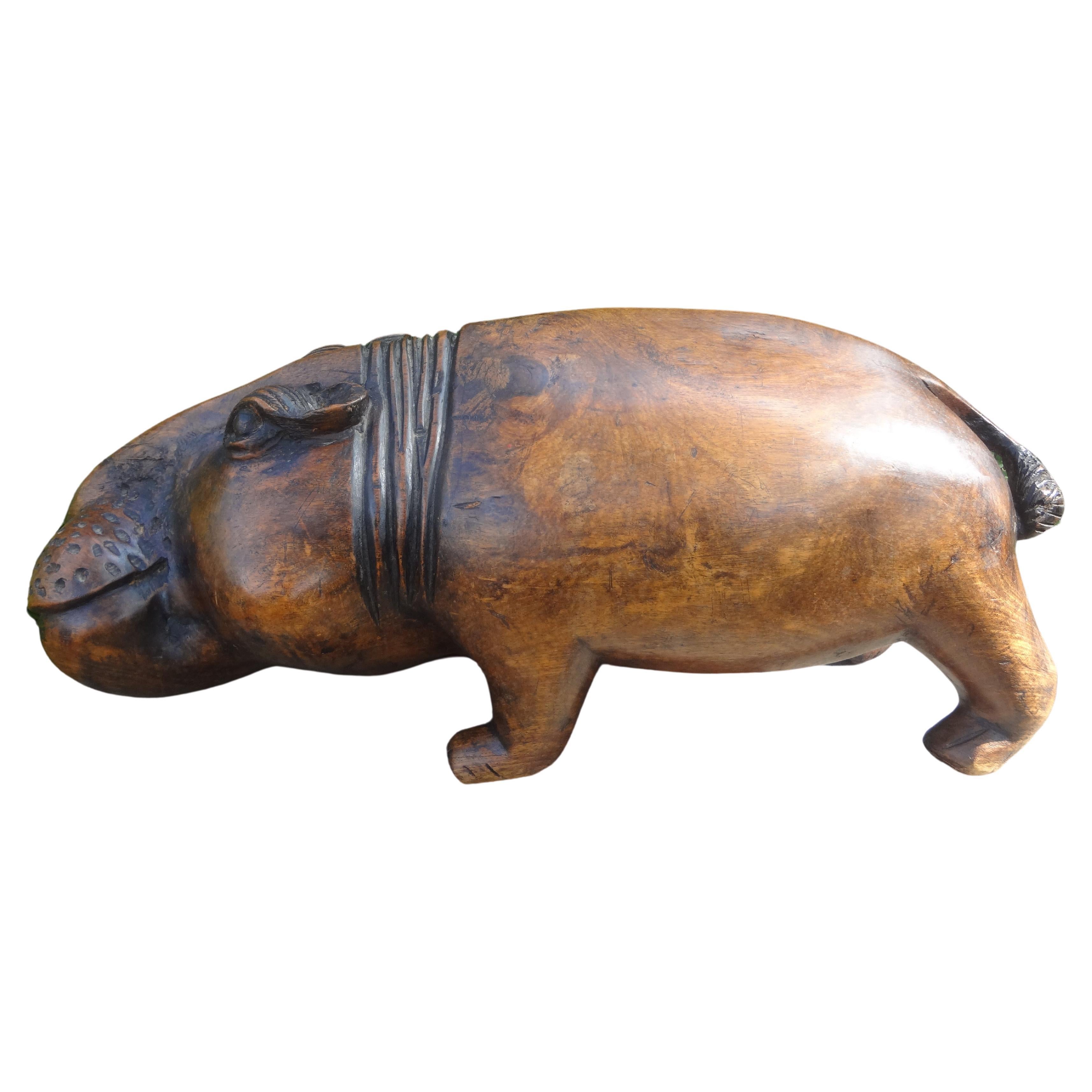 Vintage French Carved Wood Hippo Sculpture For Sale at 1stDibs