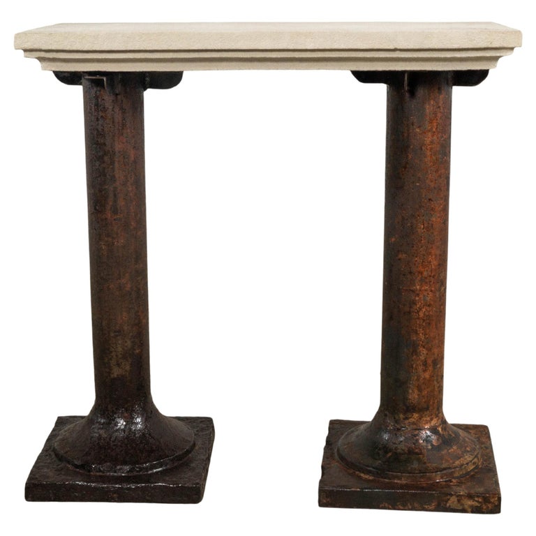 Vintage French Cast Iron Architectural Column with Weathered Limestone ...