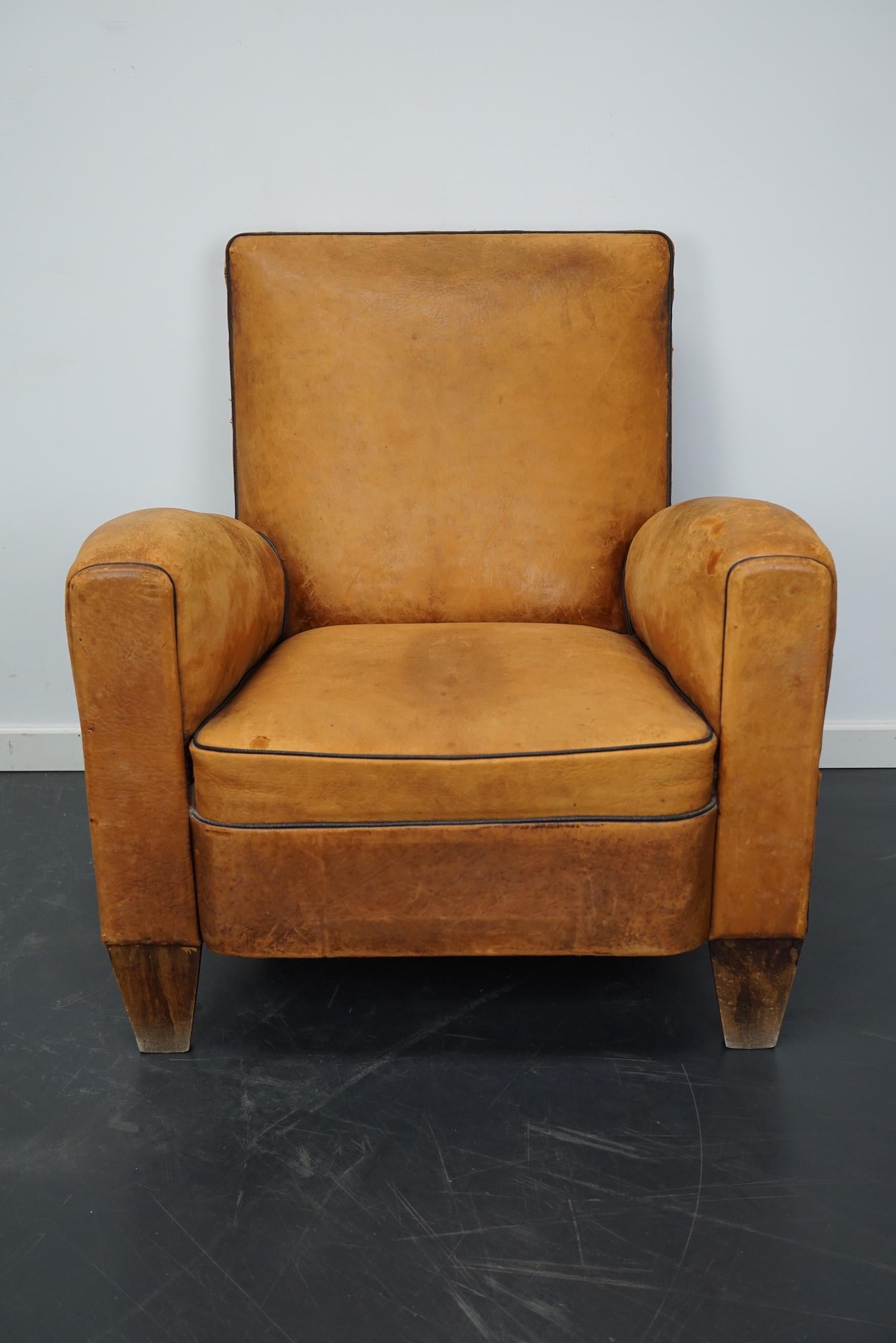 Vintage French Cognac-Colored Leather Club Chair, 1940s For Sale at 1stDibs